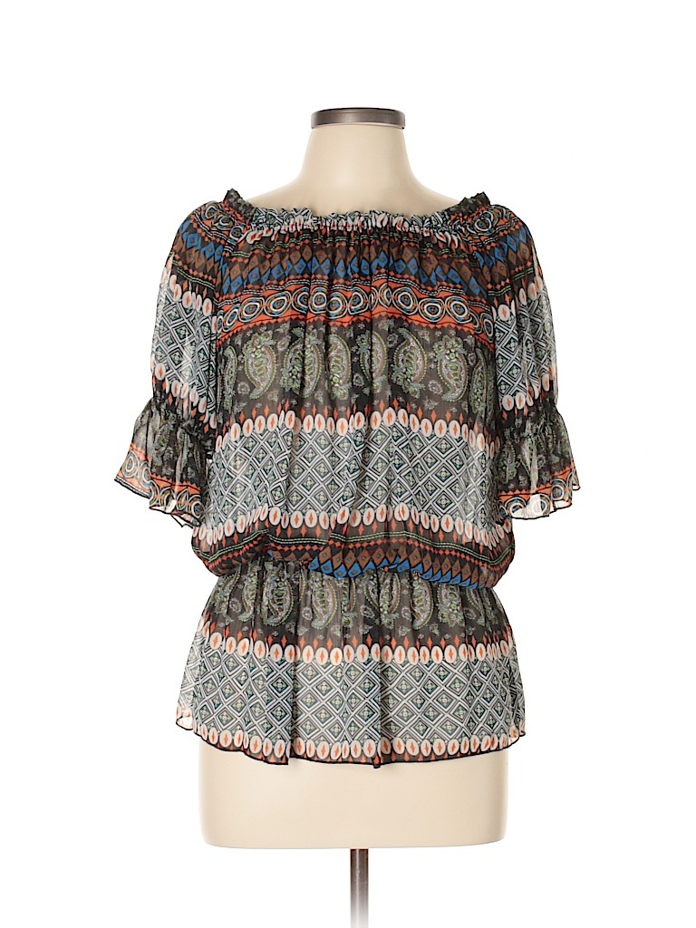 Poetry Clothing 100 Polyester Print Blue Short Sleeve Blouse Size L