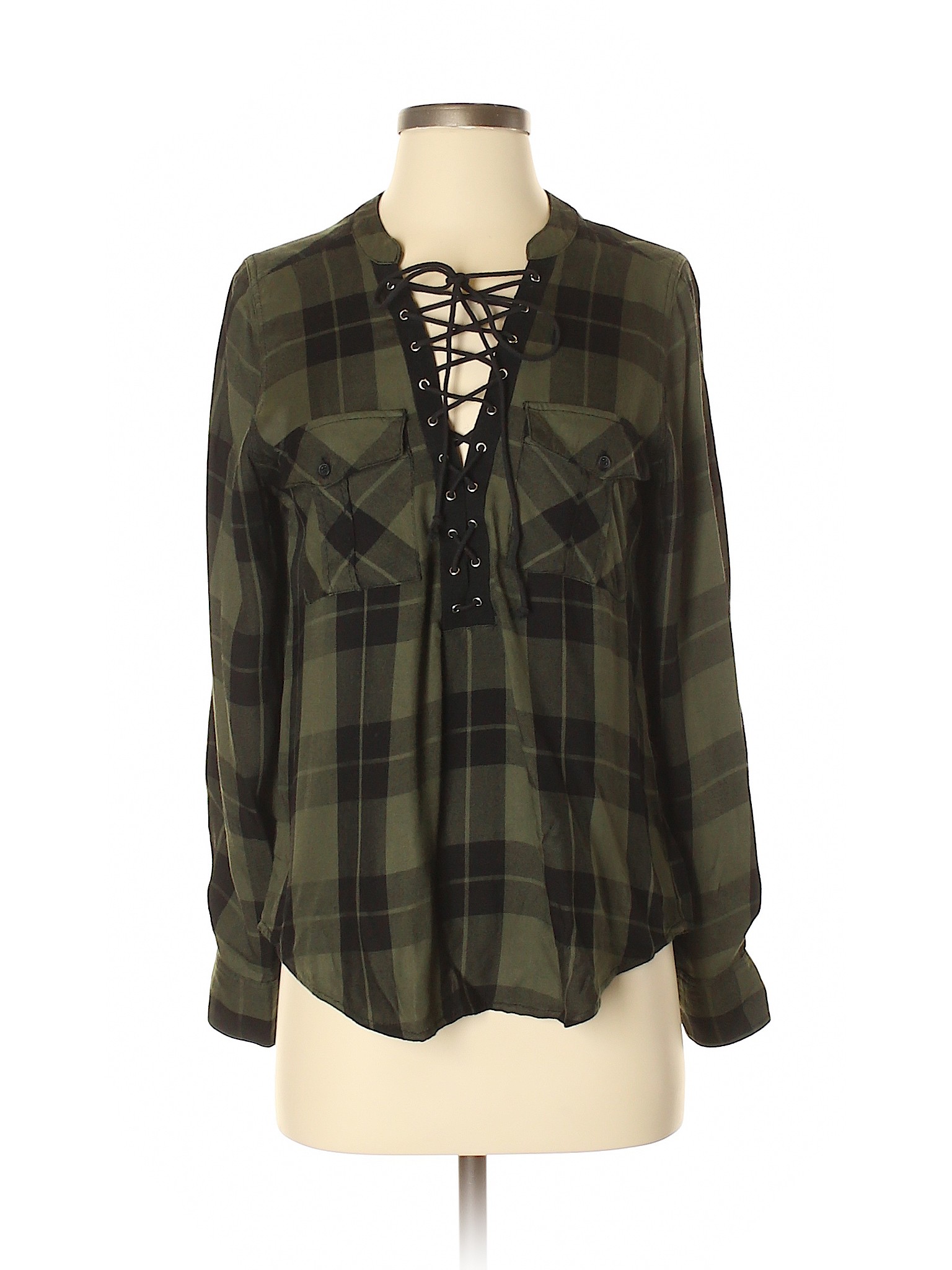 Express 100% Rayon Print Dark Green Long Sleeve Button-Down Shirt Size ...