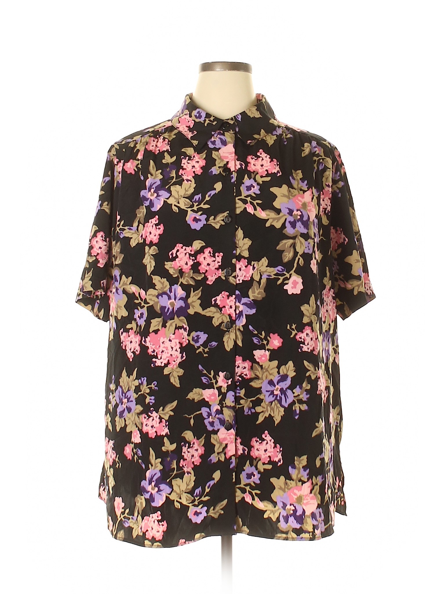 Only Necessities 100 Polyester Floral Black Short Sleeve Blouse Size