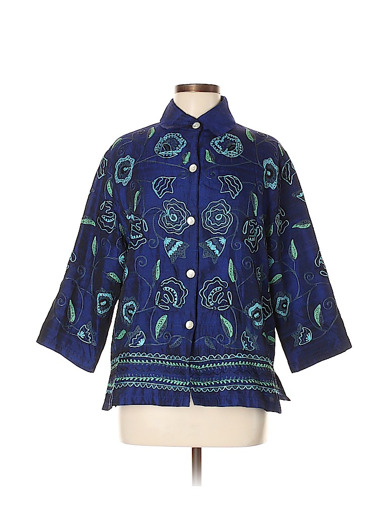 Appleseeds Print Dark Blue 3/4 Sleeve Silk Top Size M - 77% off | thredUP