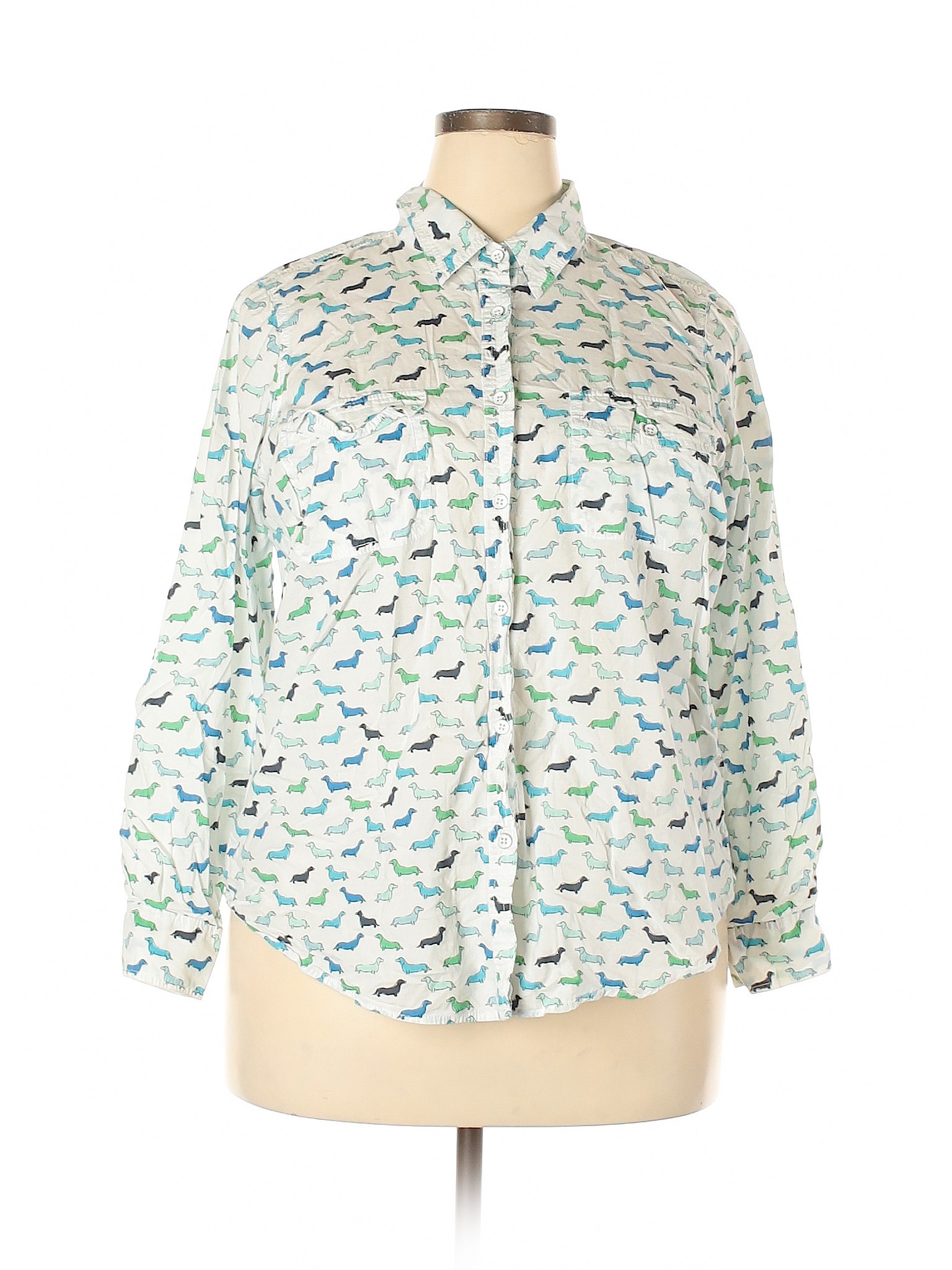 Sonoma Life Style Color Block Graphic White Blue Long Sleeve Button