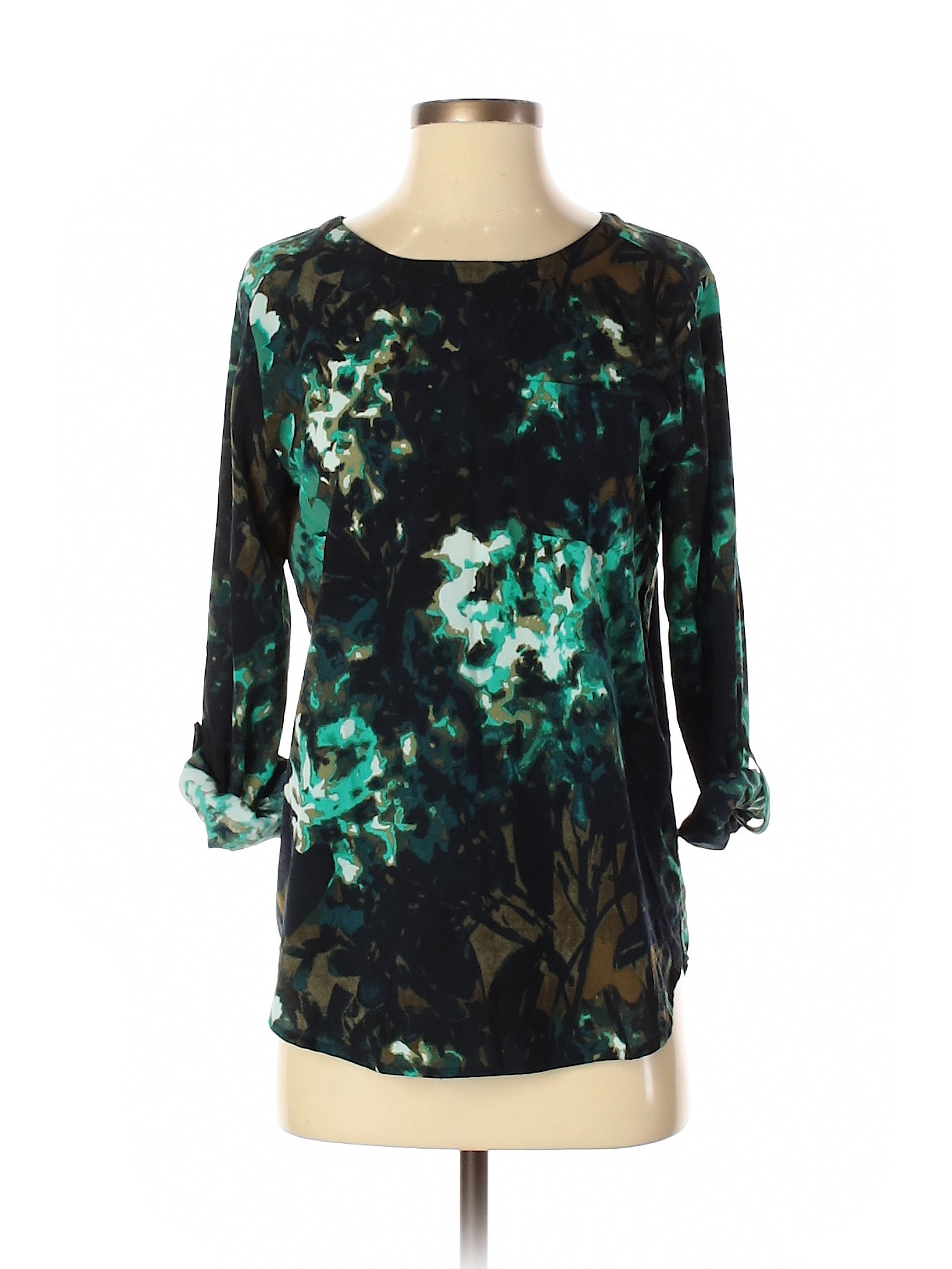Van Heusen 100 Polyester Floral Colored Teal Long Sleeve Blouse Size S