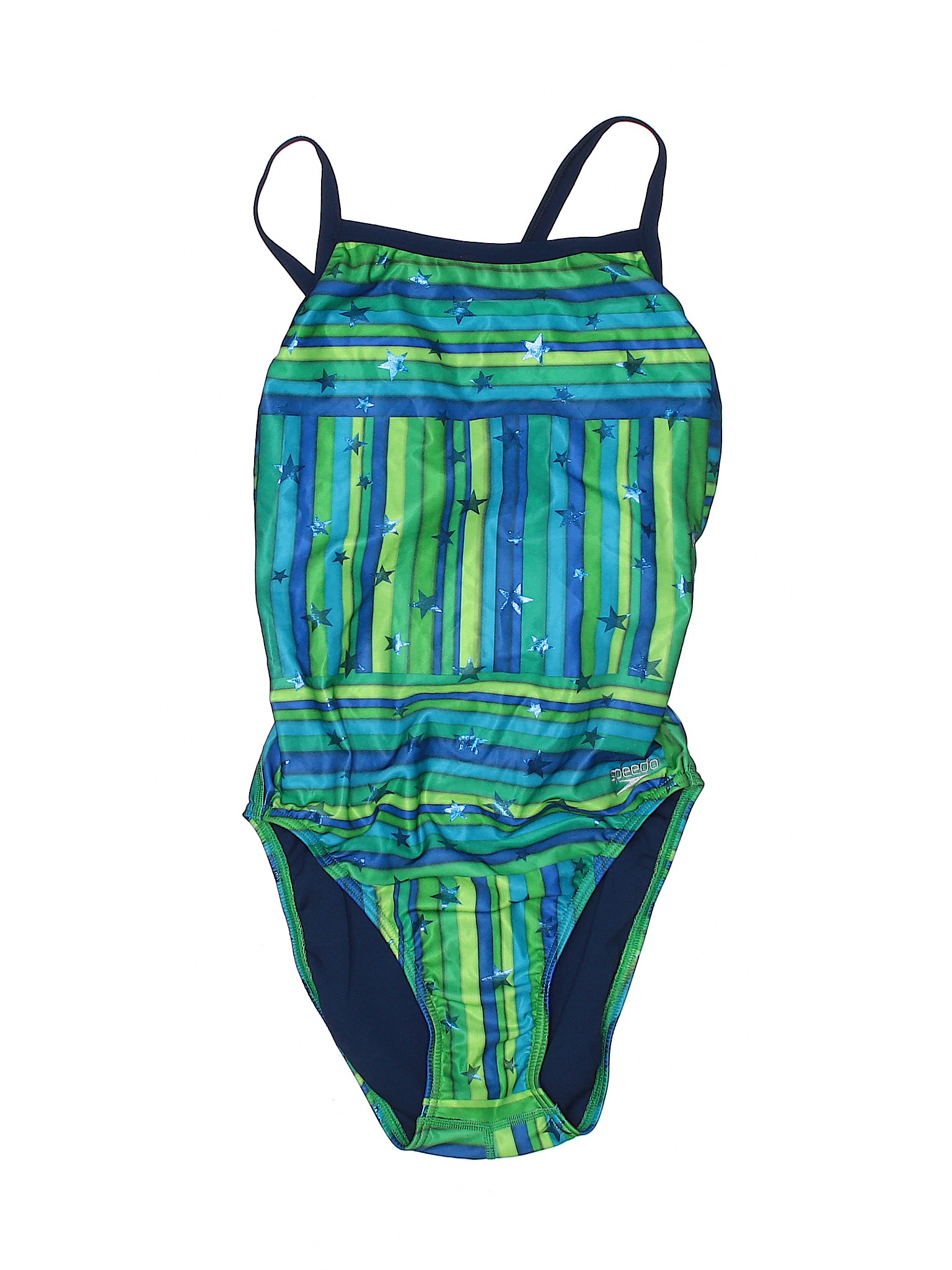 Speedo 100% Polyester Stripes Multi Color Green One Piece Swimsuit Size ...