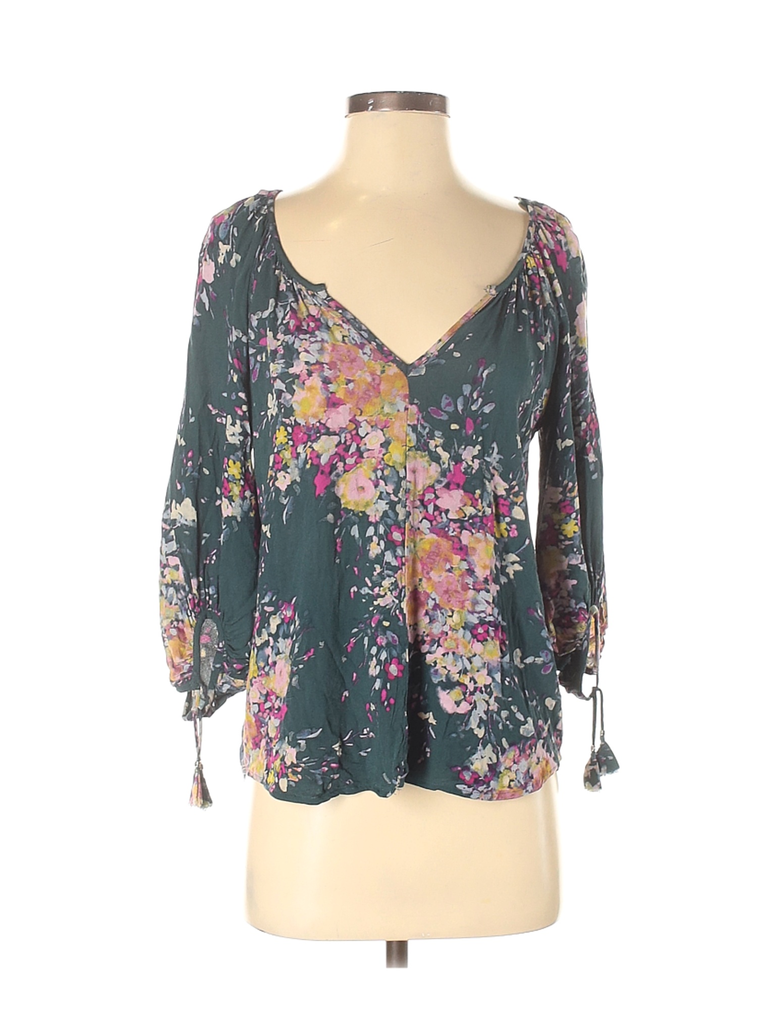 Lovestitch 100 Rayon Floral Teal Long Sleeve Blouse Size S 66 Off