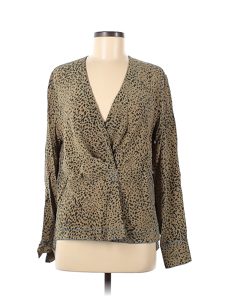 Rag & Bone 100% Silk Animal Print Leopard Print Colored Green Long Sleeve Silk Top Size M - 81% ...