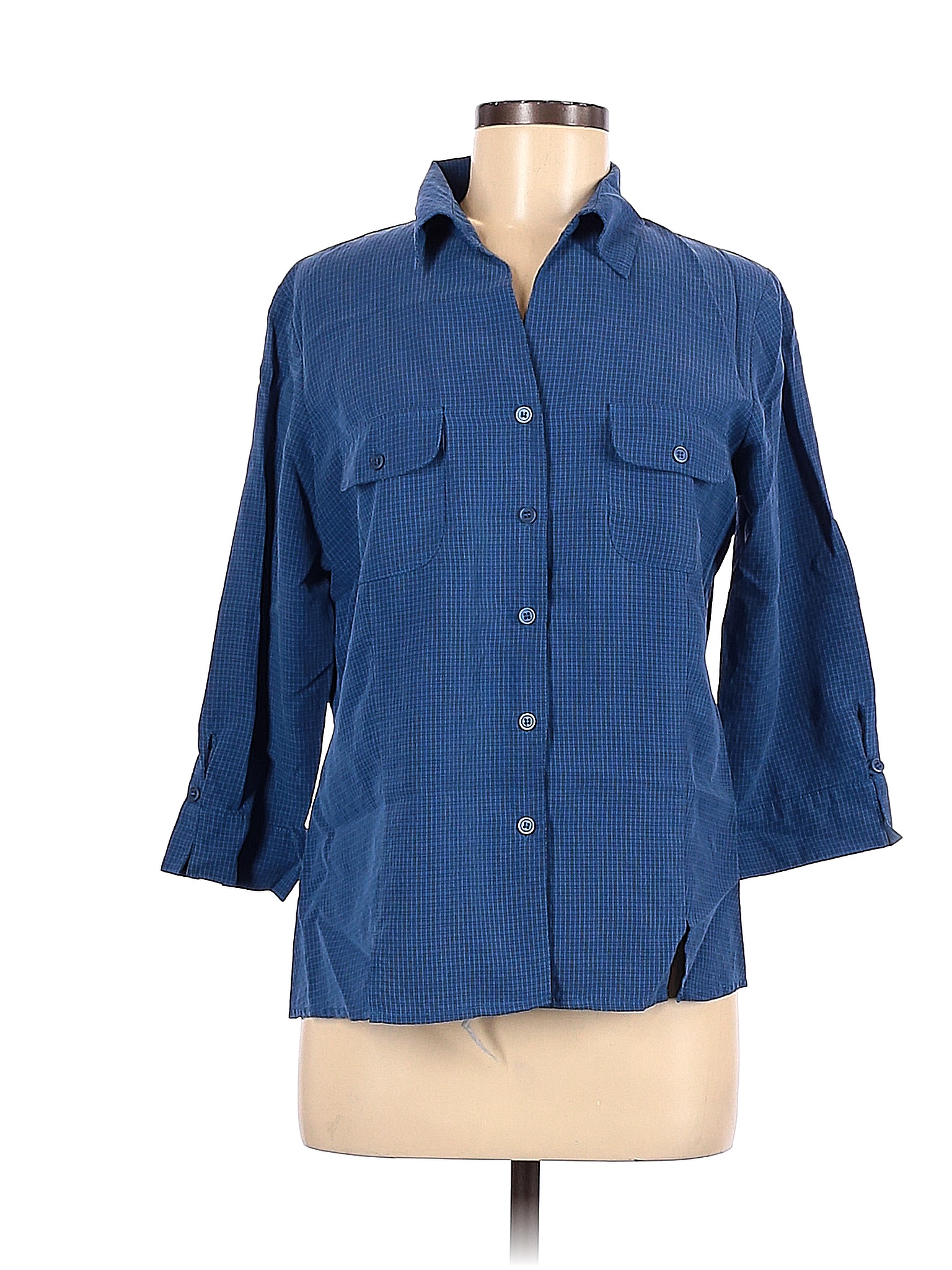 Notations 100 Polyester Solid Blue 3 4 Sleeve Blouse Size M 66 Off