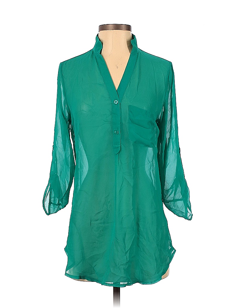 Bobbie Brooks 100 Polyester Solid Green Teal Long Sleeve Blouse Size S