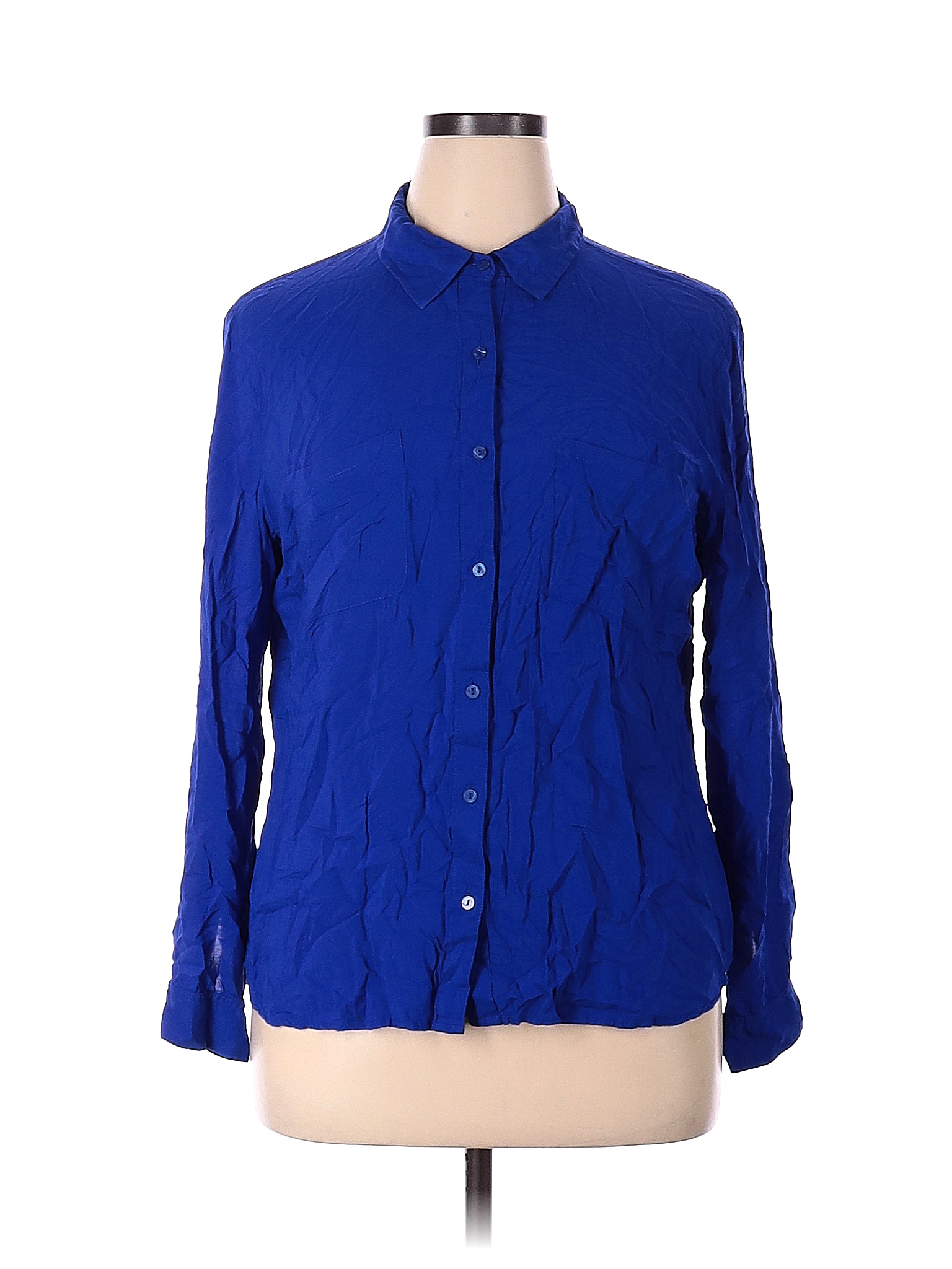 A N A A New Approach 100 Rayon Solid Blue Long Sleeve Blouse Size Xl