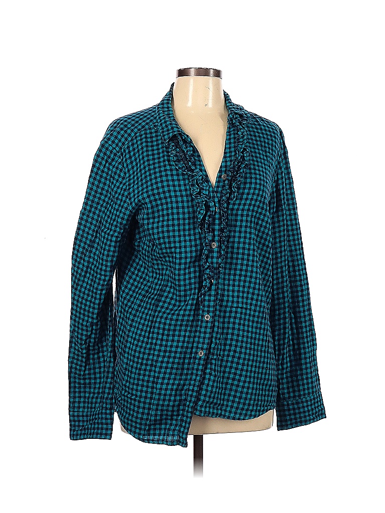 Ruff Hewn 100% Cotton Checkered-gingham Teal Long Sleeve Button-Down ...