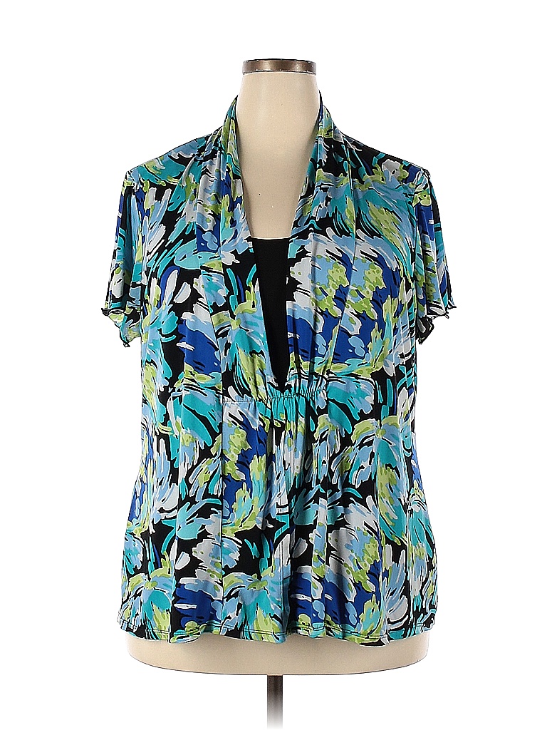 Notations Color Block Tropical Colored Blue Short Sleeve Blouse Size 3X ...