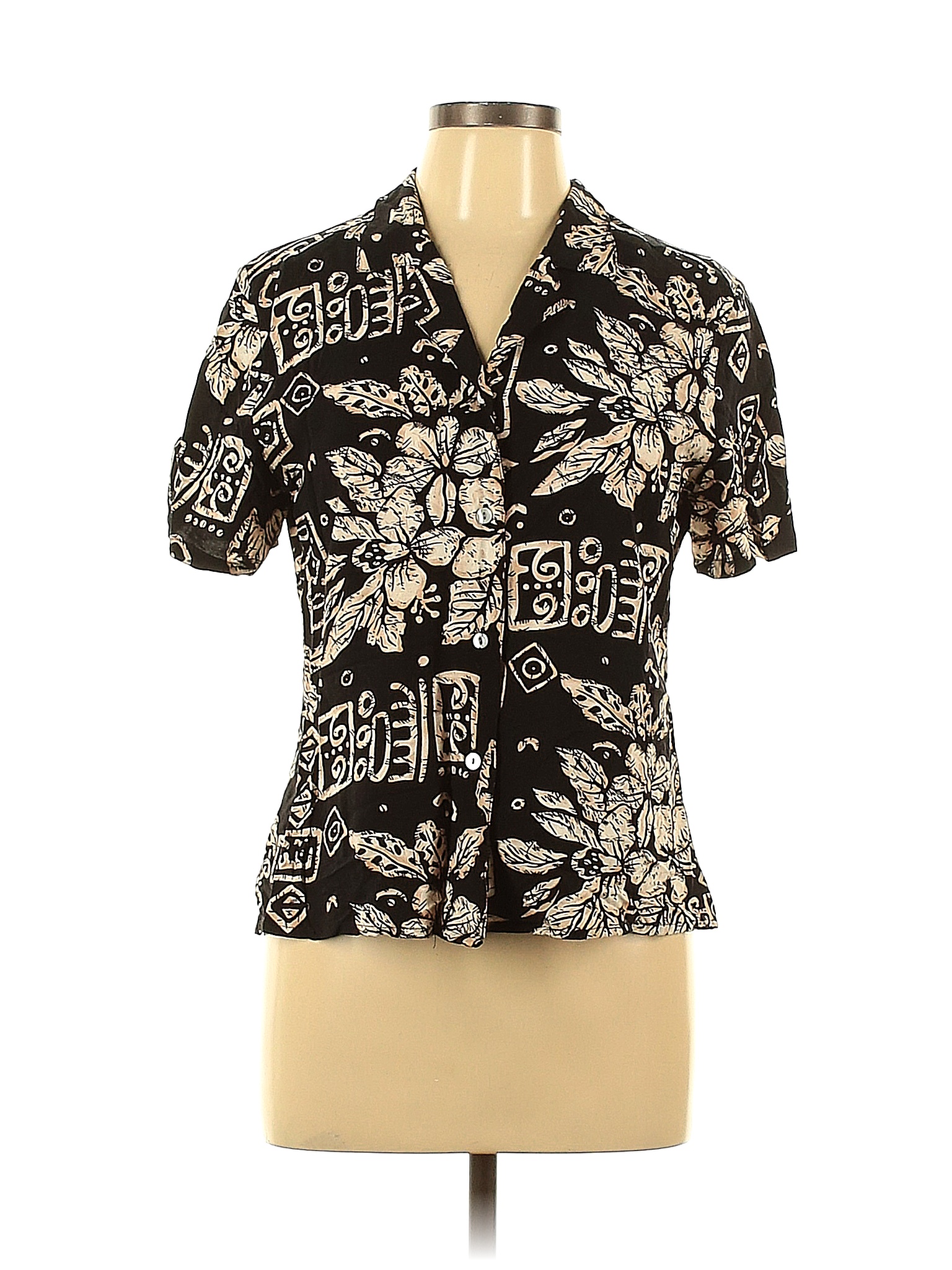 Notations 100 Rayon Floral Black Short Sleeve Blouse Size L 66 Off