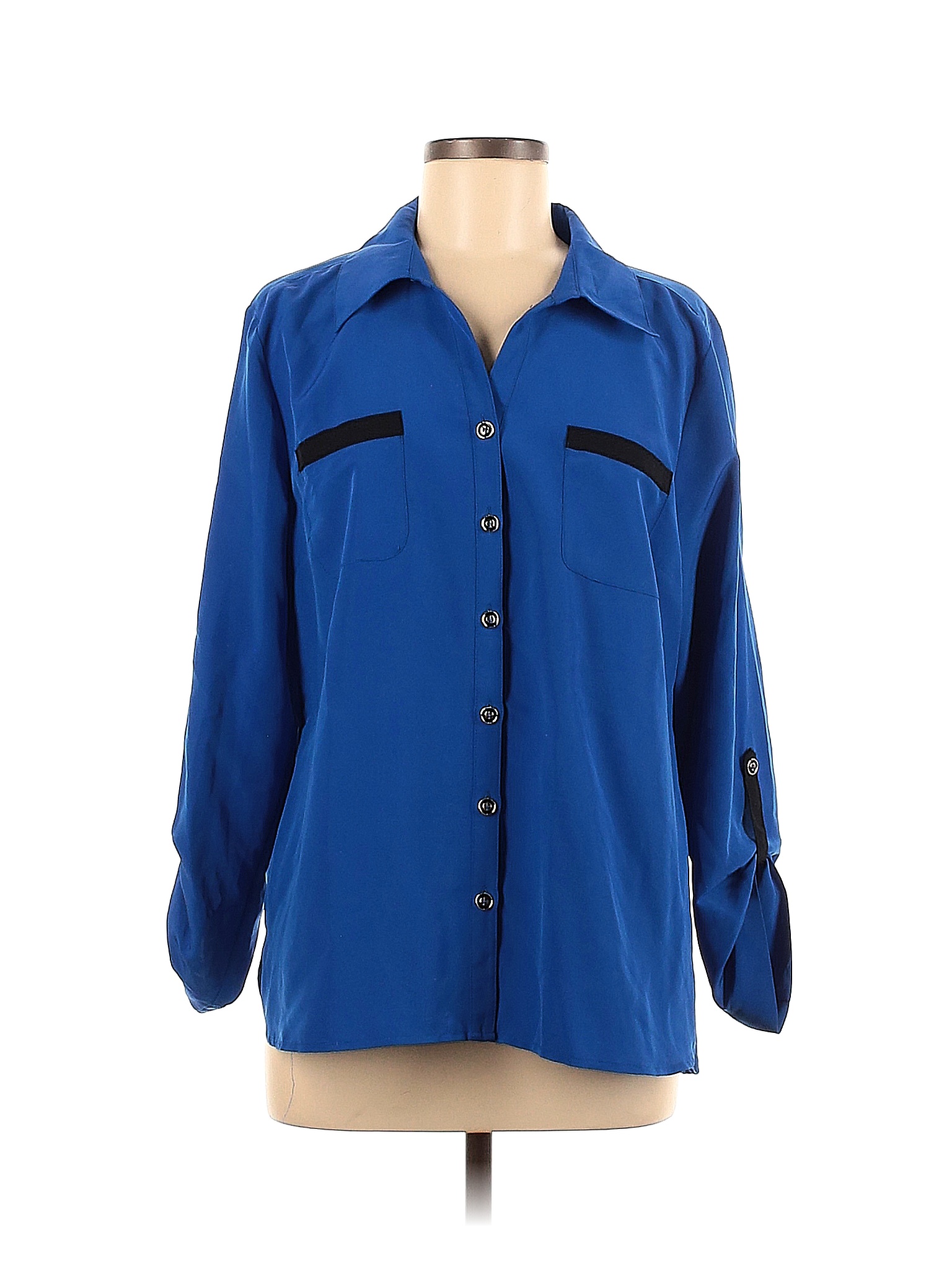 Notations 100 Polyester Solid Blue Long Sleeve Blouse Size L 75 Off