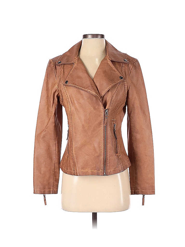 Max Studio 100% Polyurethane Solid Brown Faux Leather Jacket Size S ...