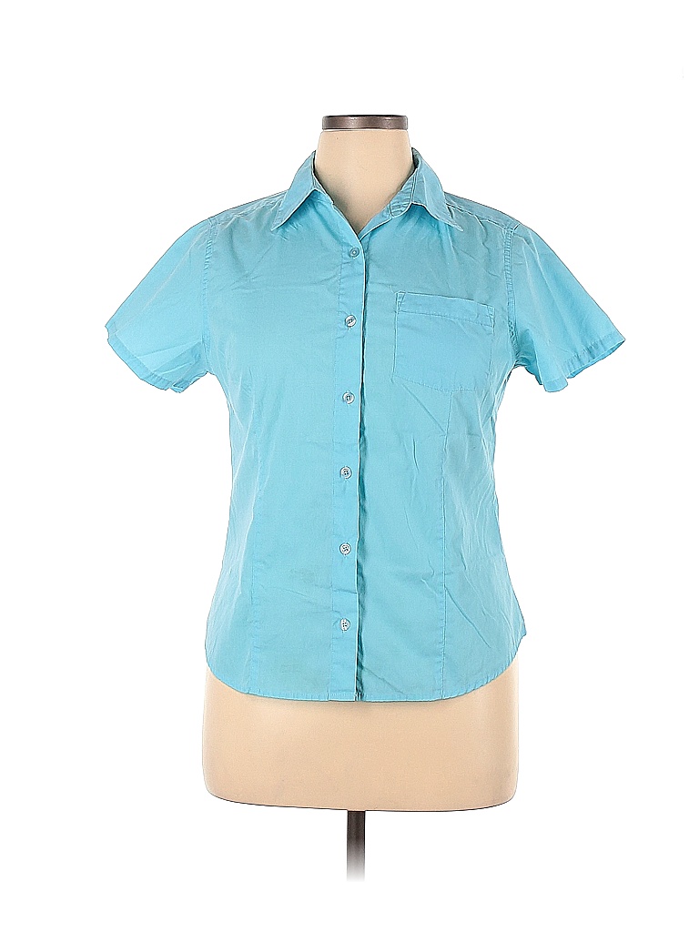 Basic Editions Solid Blue Short Sleeve Button Down Shirt Size L 50