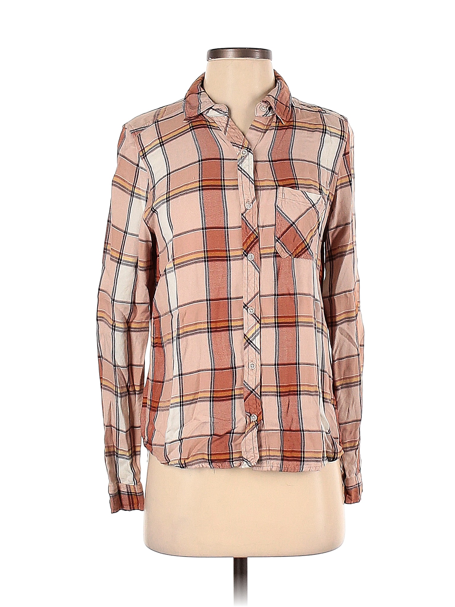 Universal Thread 100% Rayon Tan Long Sleeve Button-Down Shirt Size S ...