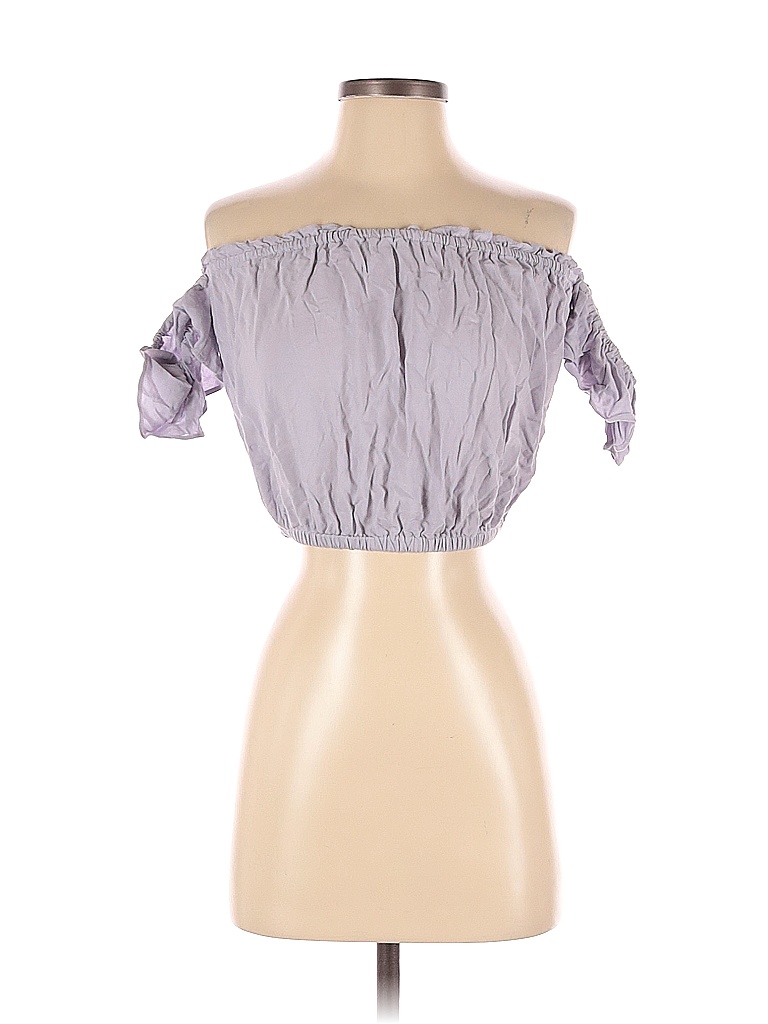 Shore 100 Rayon Solid Stripes Purple Short Sleeve Blouse Size S 92