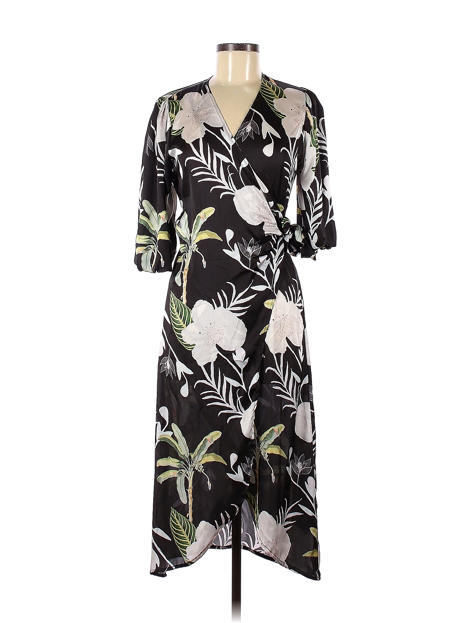 Lobo.Rosa 100% Polyester Floral Black Floral Wrap Around Dress Size M ...