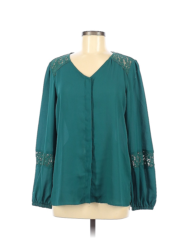 Apostrophe 100% Polyester Solid Teal Green Long Sleeve Blouse Size M ...