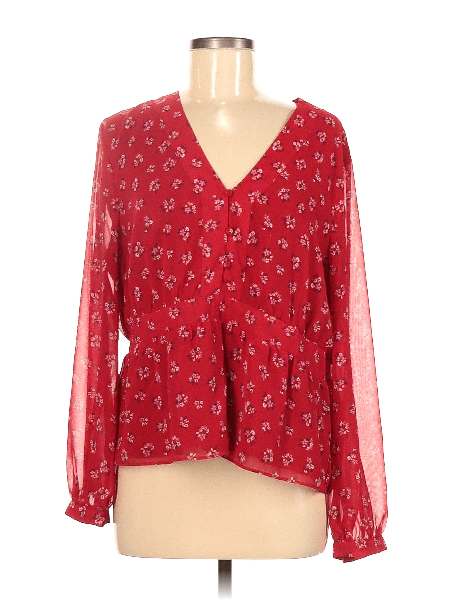 Madewell 100% Polyester Floral Colored Red Long Sleeve Blouse Size XL ...