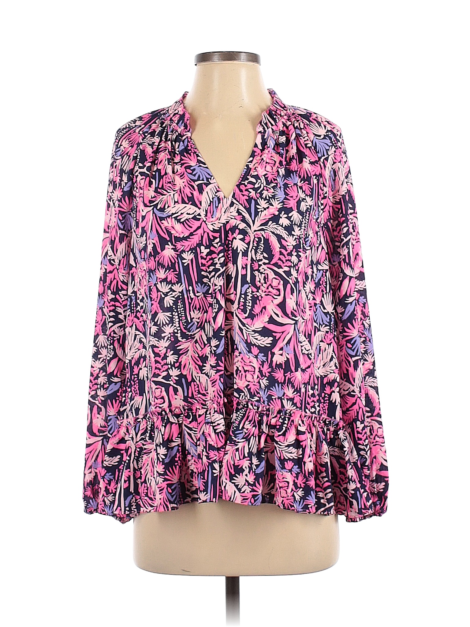 Lilly Pulitzer 100 Polyester Floral Pink Long Sleeve Blouse Size S