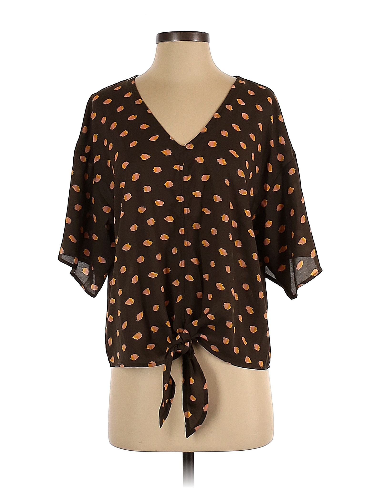 Allison Daley 100 Polyester Polka Dots Black Green Short Sleeve Blouse