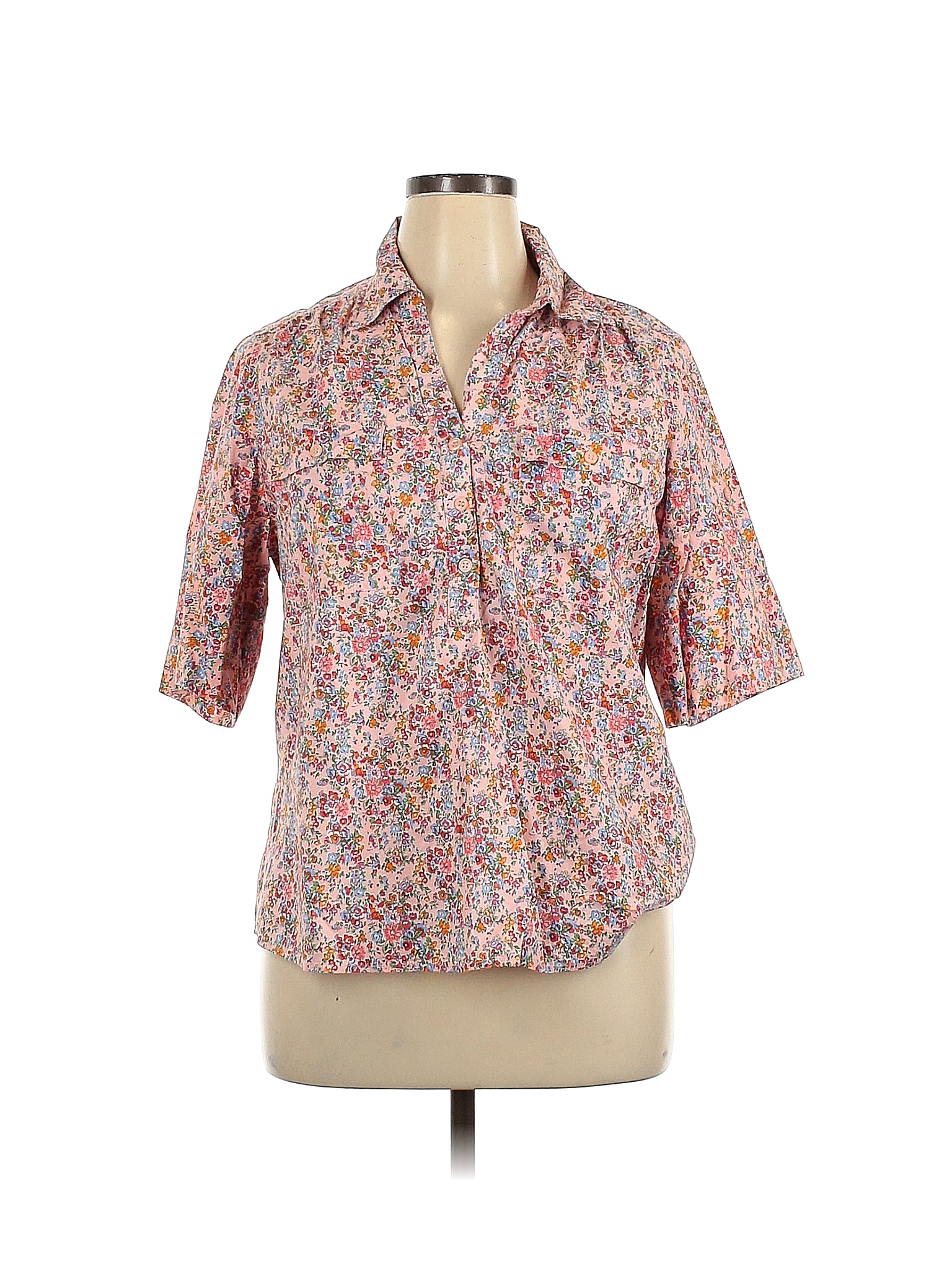 Cathy Daniels 100% Cotton Floral Pink Short Sleeve Button-Down Shirt ...