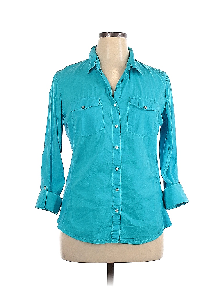 Cathy Daniels 100% Cotton Solid Blue Long Sleeve Button-Down Shirt Size ...