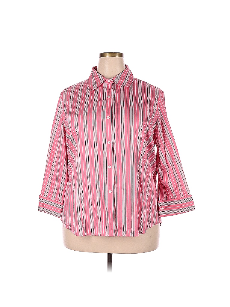 Jones New York Signature 100% Cotton Stripes Pink Long Sleeve Button-Down Shirt Size 2X (Plus ...