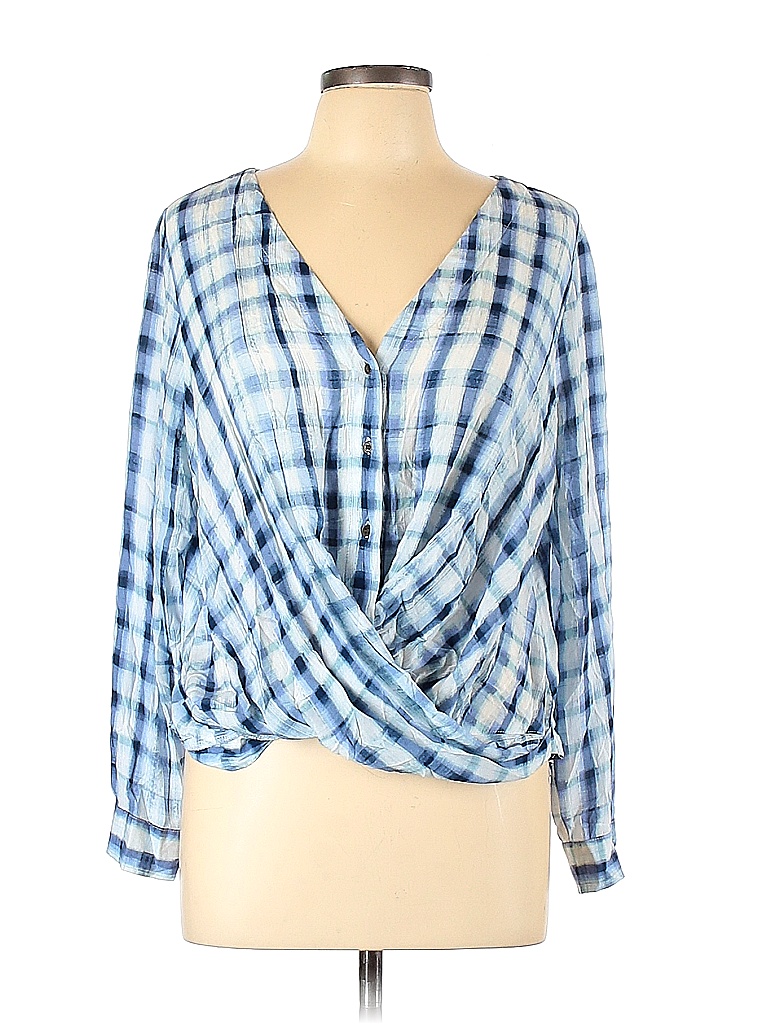 A N A A New Approach 100 Rayon Plaid Blue Long Sleeve Blouse Size L