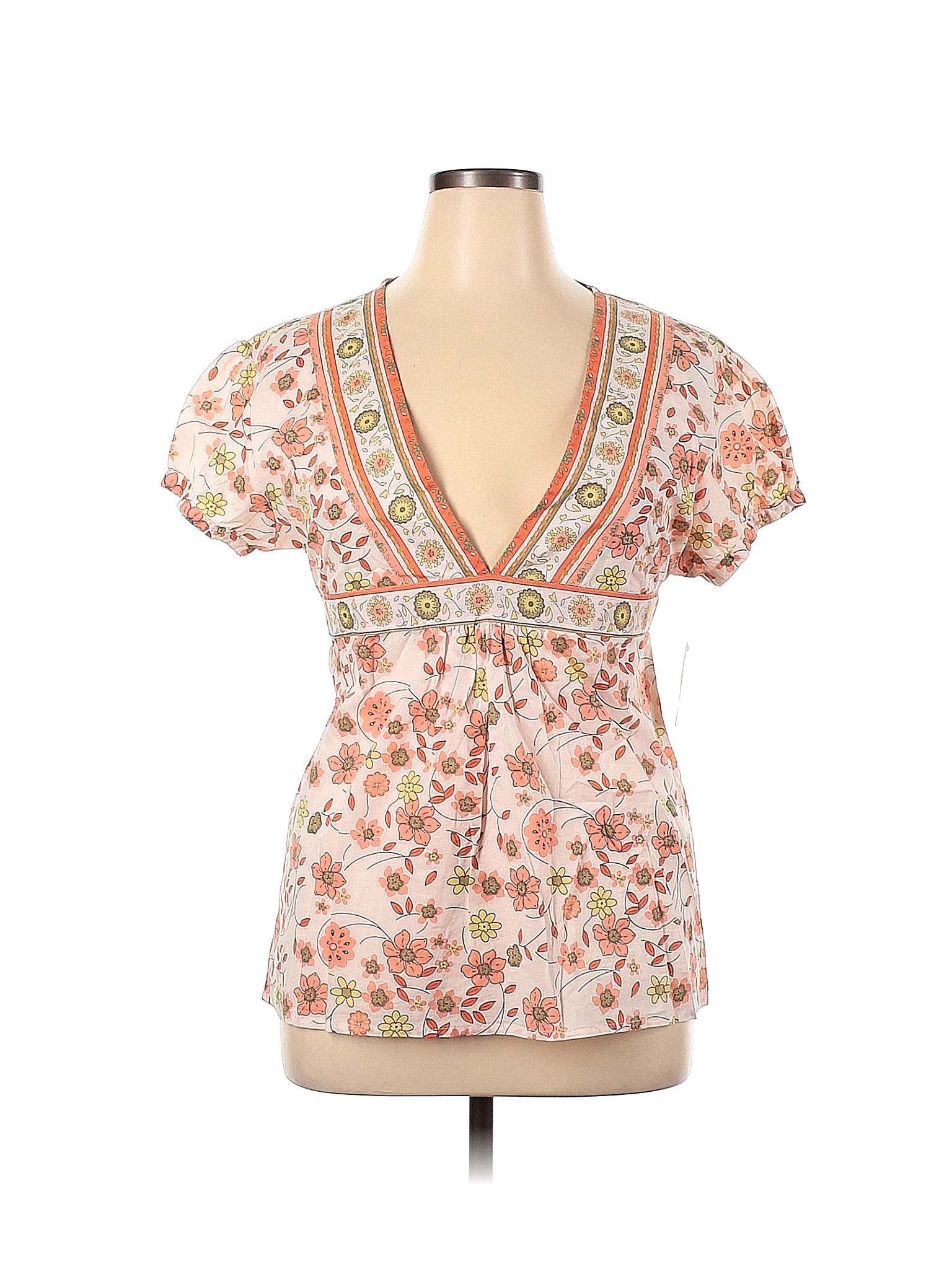 Vintage Dcc 100 Cotton Floral Multi Color Orange Short Sleeve Blouse