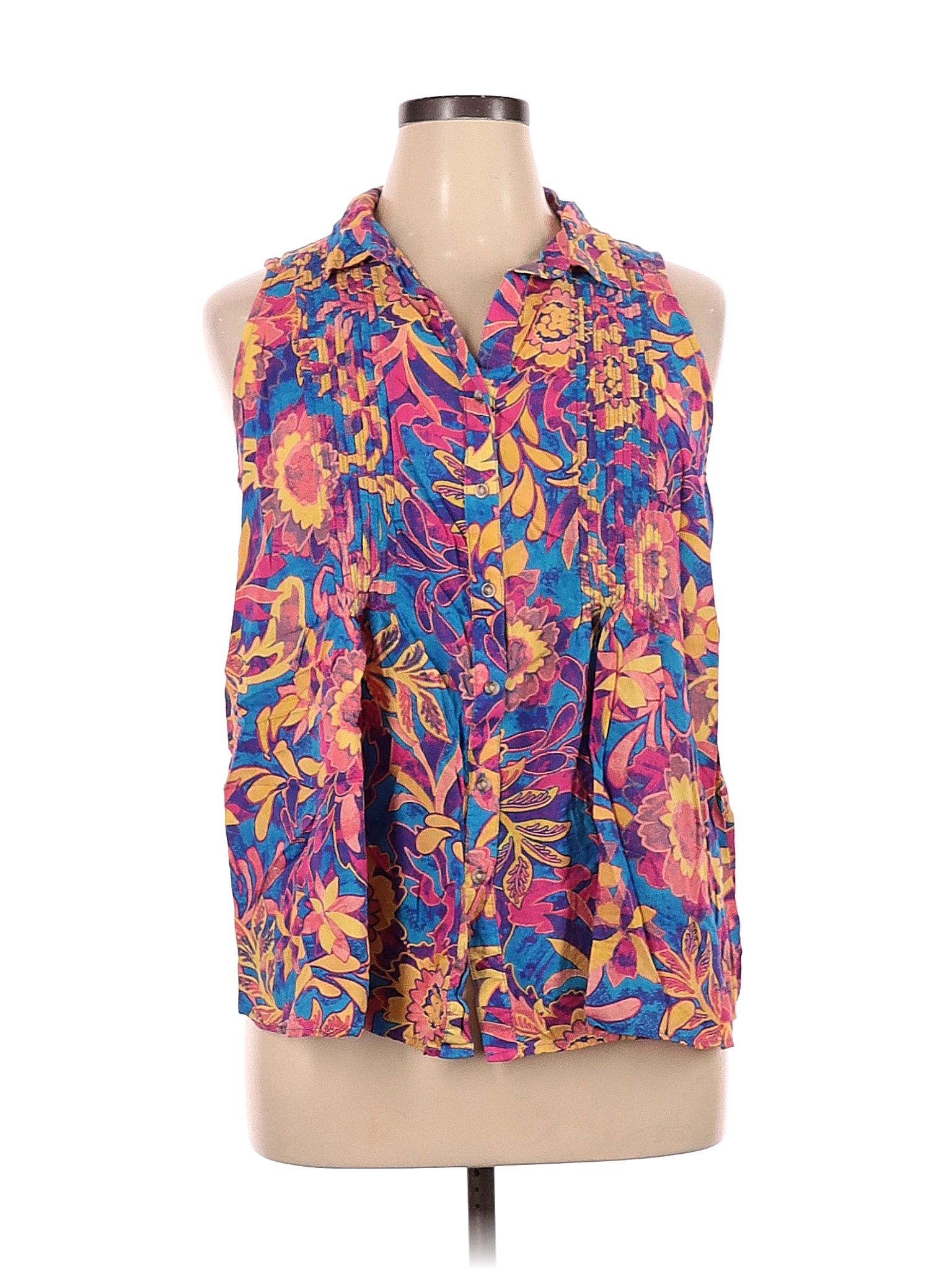 Terra & Sky 100% Viscose Floral Pink Sleeveless Button-Down Shirt Size 0X (Plus) - 36% off | thredUP