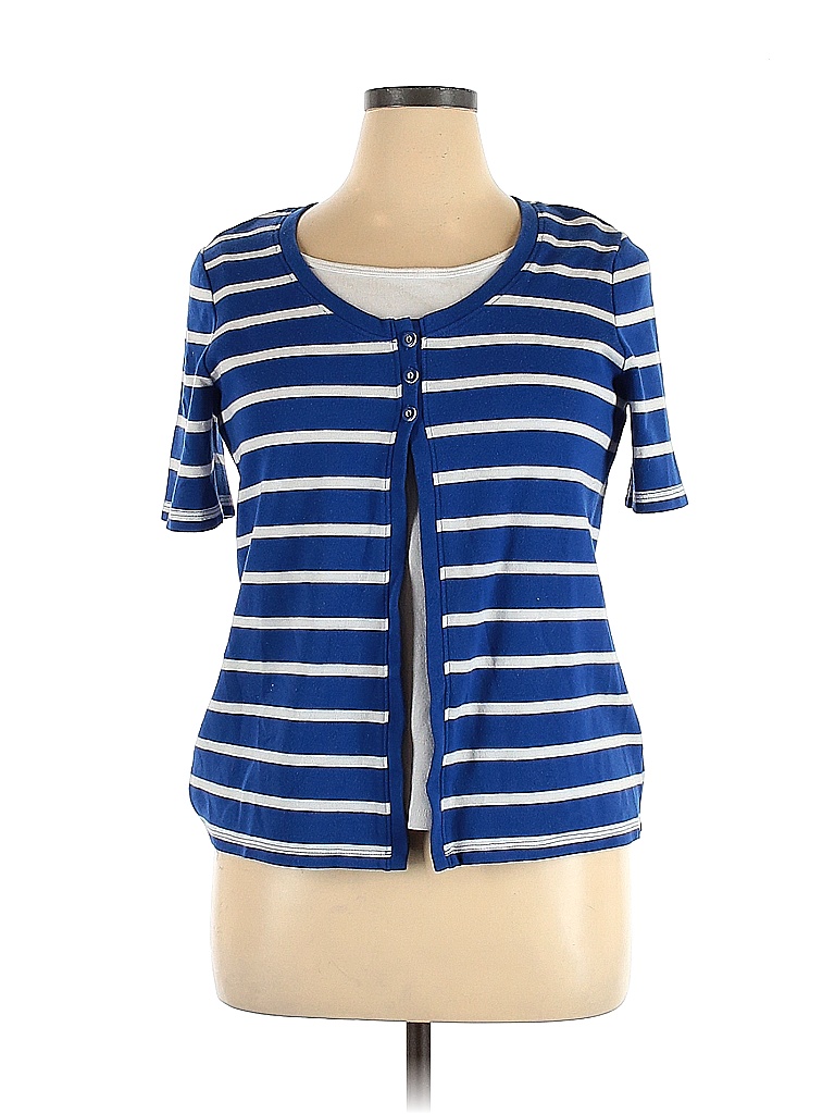 Allison Daley Stripes Color Block Multi Color Blue Cardigan Size 1X ...