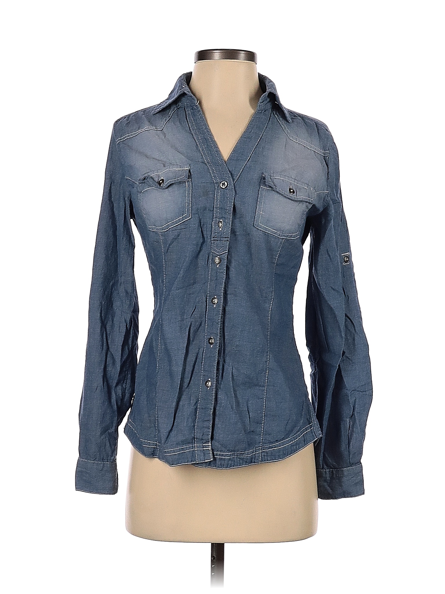 Mandee 100% Cotton Solid Blue Long Sleeve Button-Down Shirt Size S - 65 ...