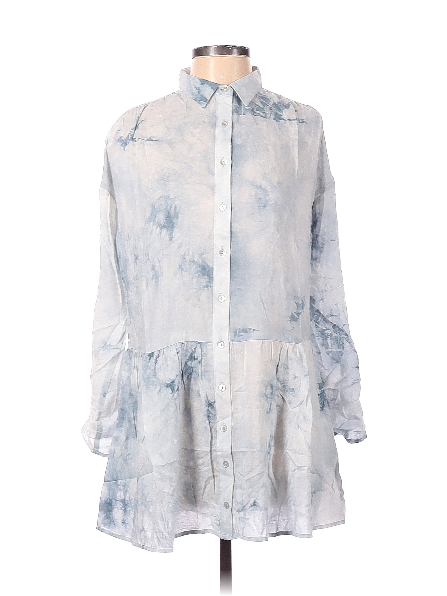 Love Stitch 100 Rayon Color Block White Blue Long Sleeve Blouse Size S