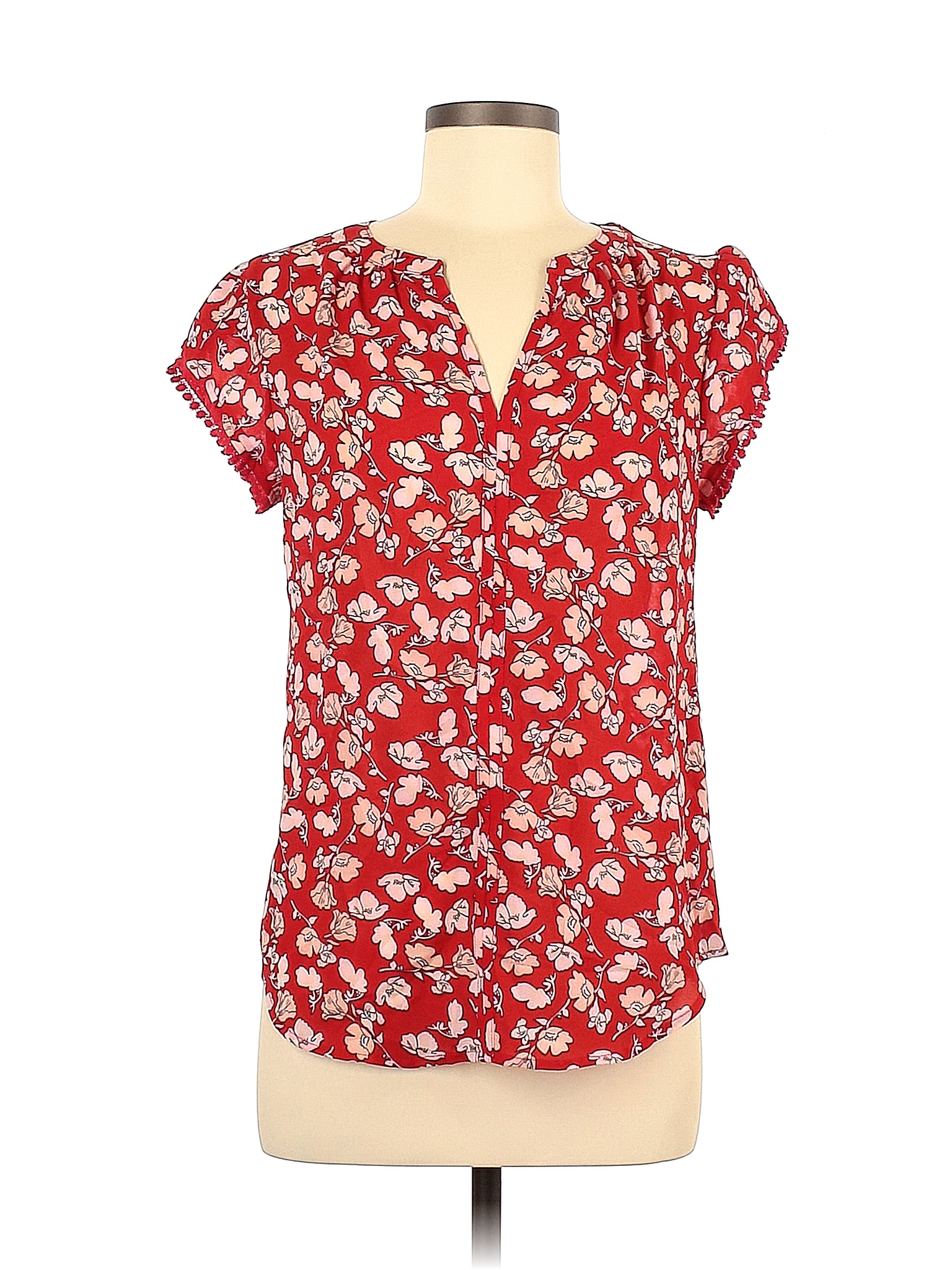 Fun2fun 100 Polyester Floral Colored Red Short Sleeve Blouse Size S
