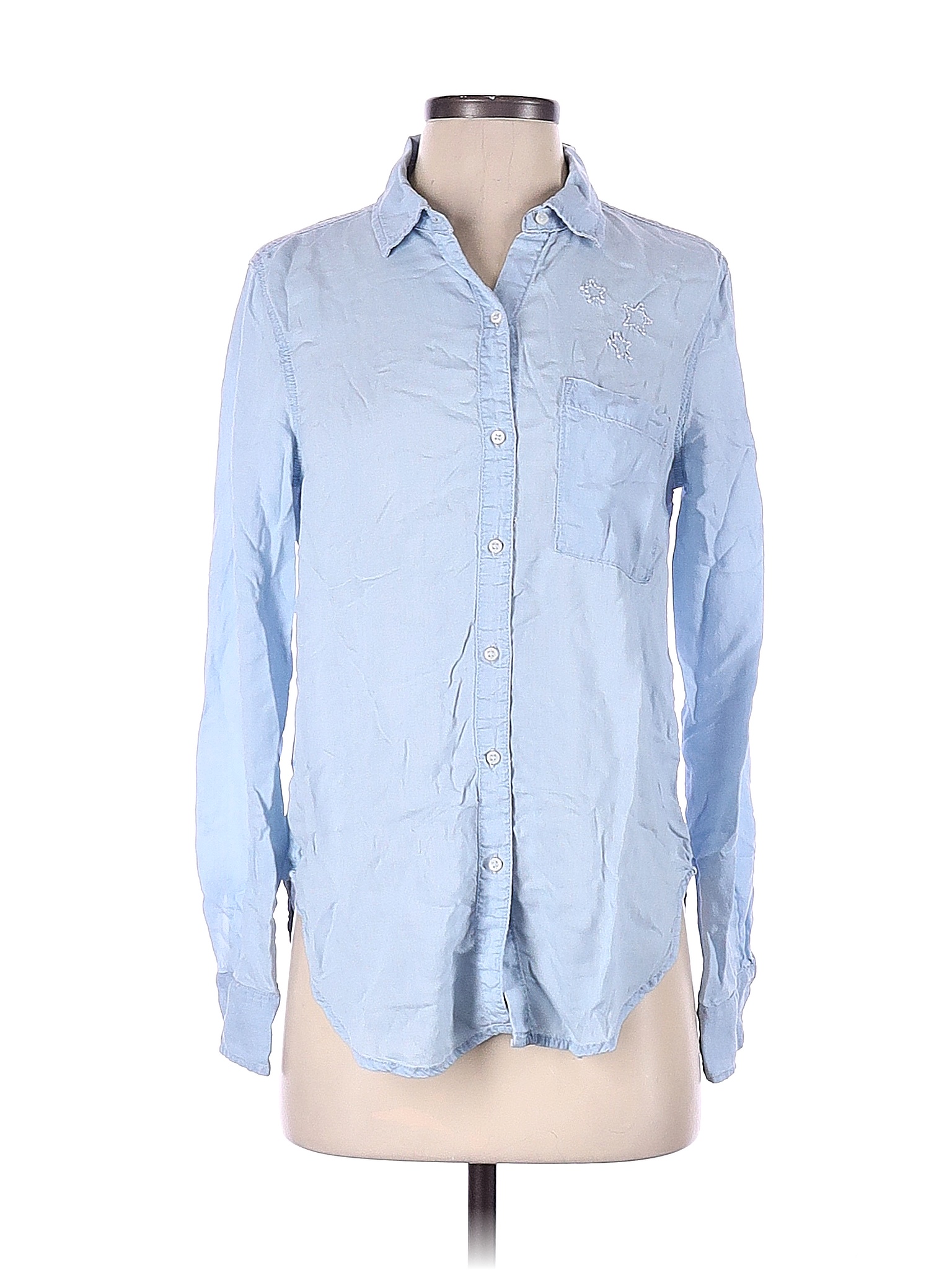 Aerie 100 Lyocell Solid Blue Long Sleeve Button Down Shirt Size S 73
