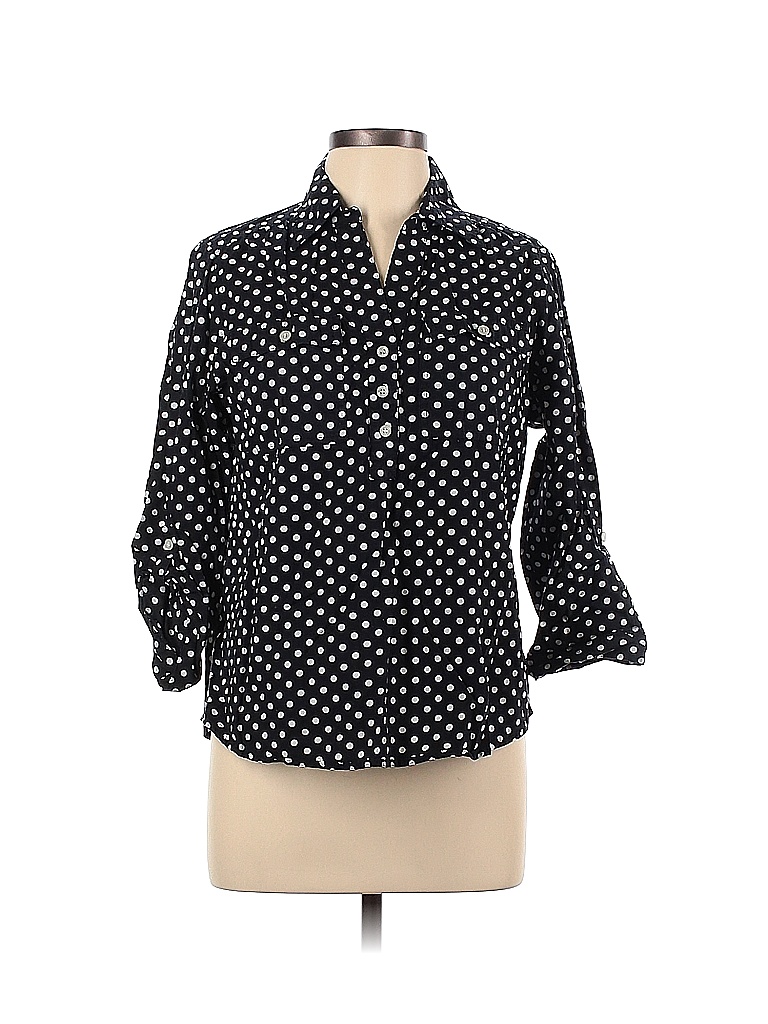 Cathy Daniels 100% Cotton Polka Dots Black Gray Long Sleeve Button-Down ...