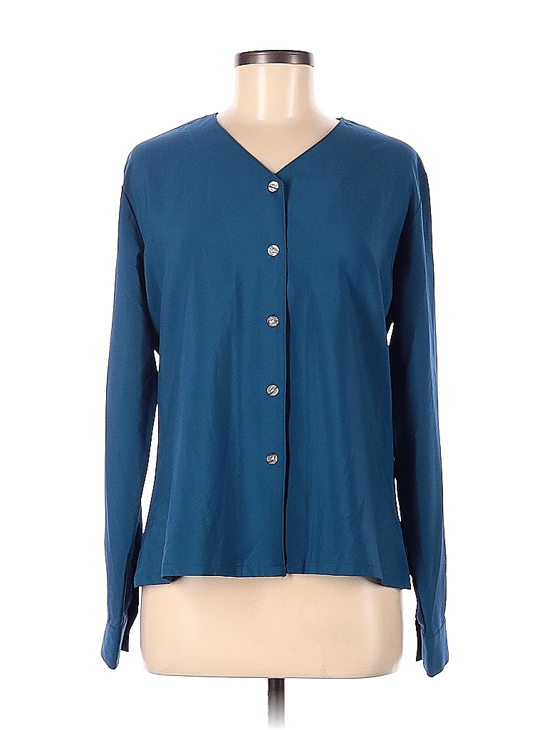 Travelsmith 100% Polyester Solid Colored Blue Long Sleeve Blouse Size M ...