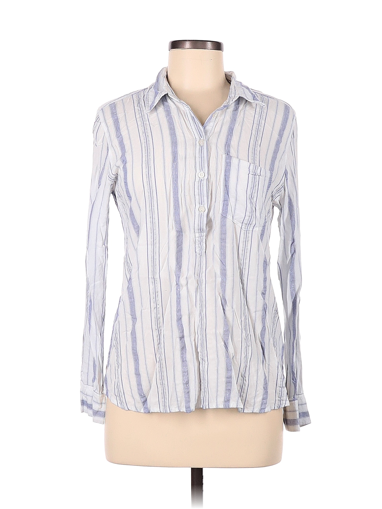 Cosmic Blue Love 100 Rayon Stripes White Blue Long Sleeve Blouse Size