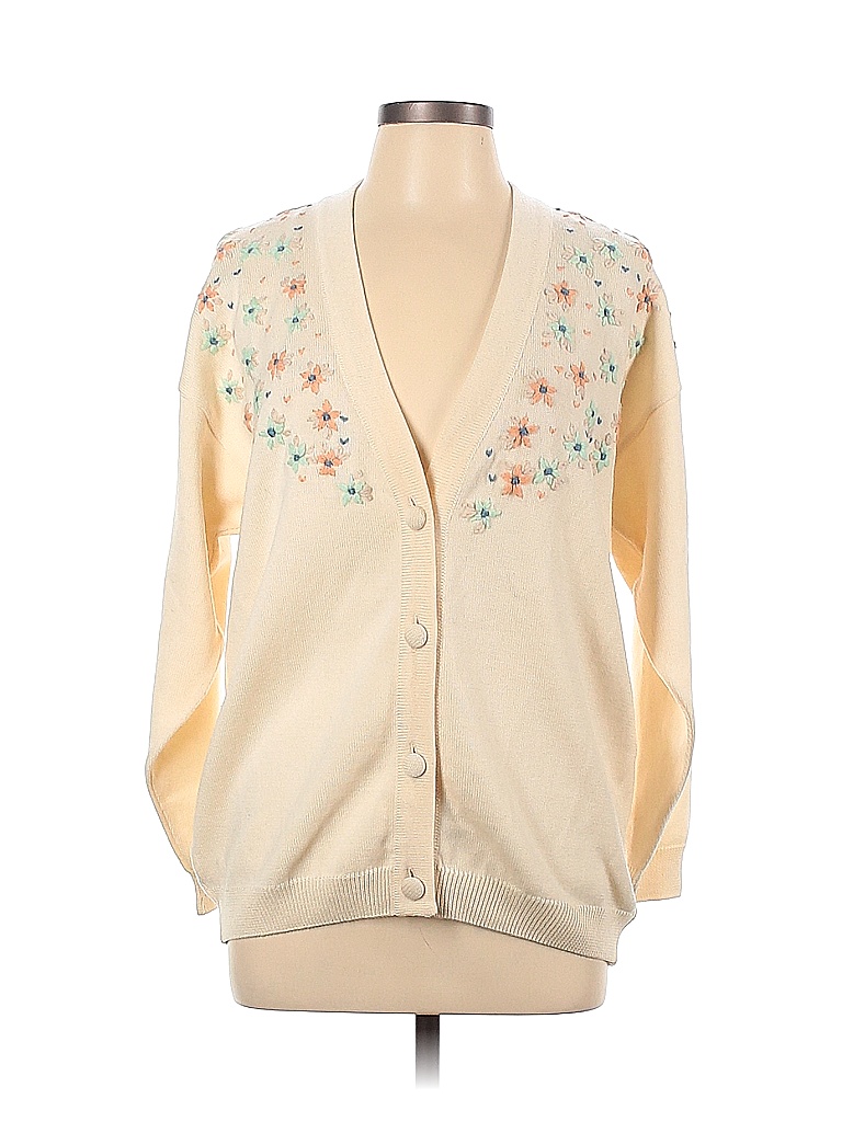 Henri Bendel 100 Wool Color Block Solid Tan Ivory Wool Cardigan Size L