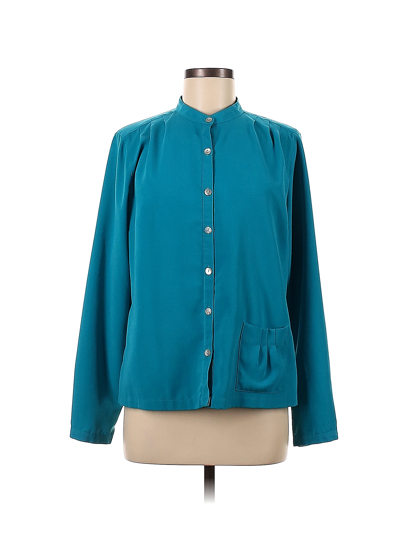 Travelsmith 100% Polyester Solid Colored Blue Long Sleeve Blouse Size M ...