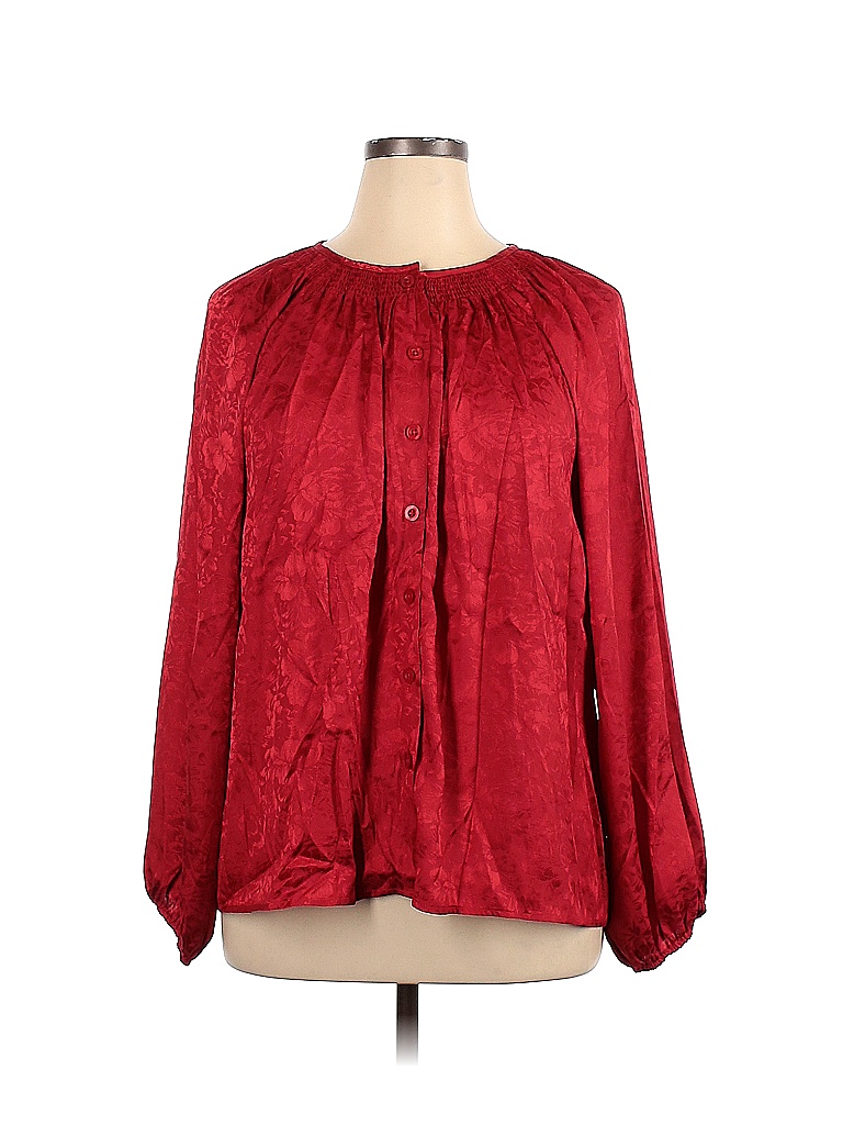 Newport News 100% Polyester Solid Colored Red Long Sleeve Blouse Size ...