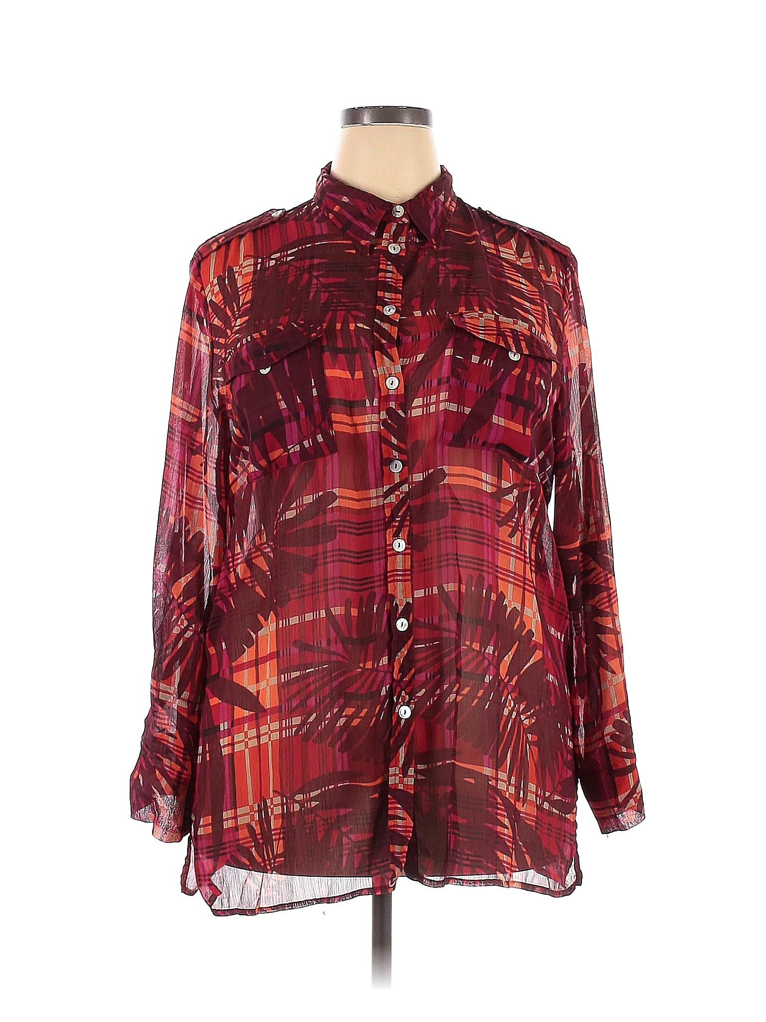 Ruby Rd. 100% Polyester Plaid Colored Burgundy Long Sleeve Blouse Size ...