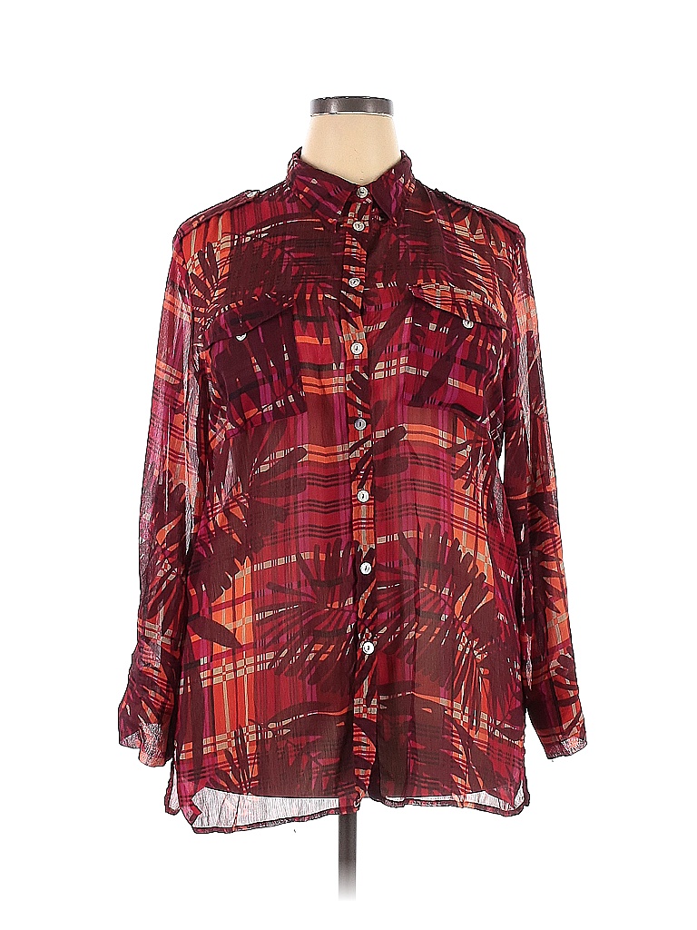 Ruby Rd. 100% Polyester Plaid Colored Burgundy Long Sleeve Blouse Size ...
