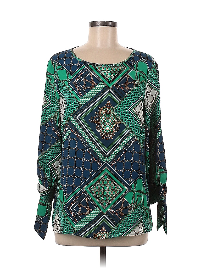 Nine West 100% Polyester Color Block Multi Color Green 3/4 Sleeve ...