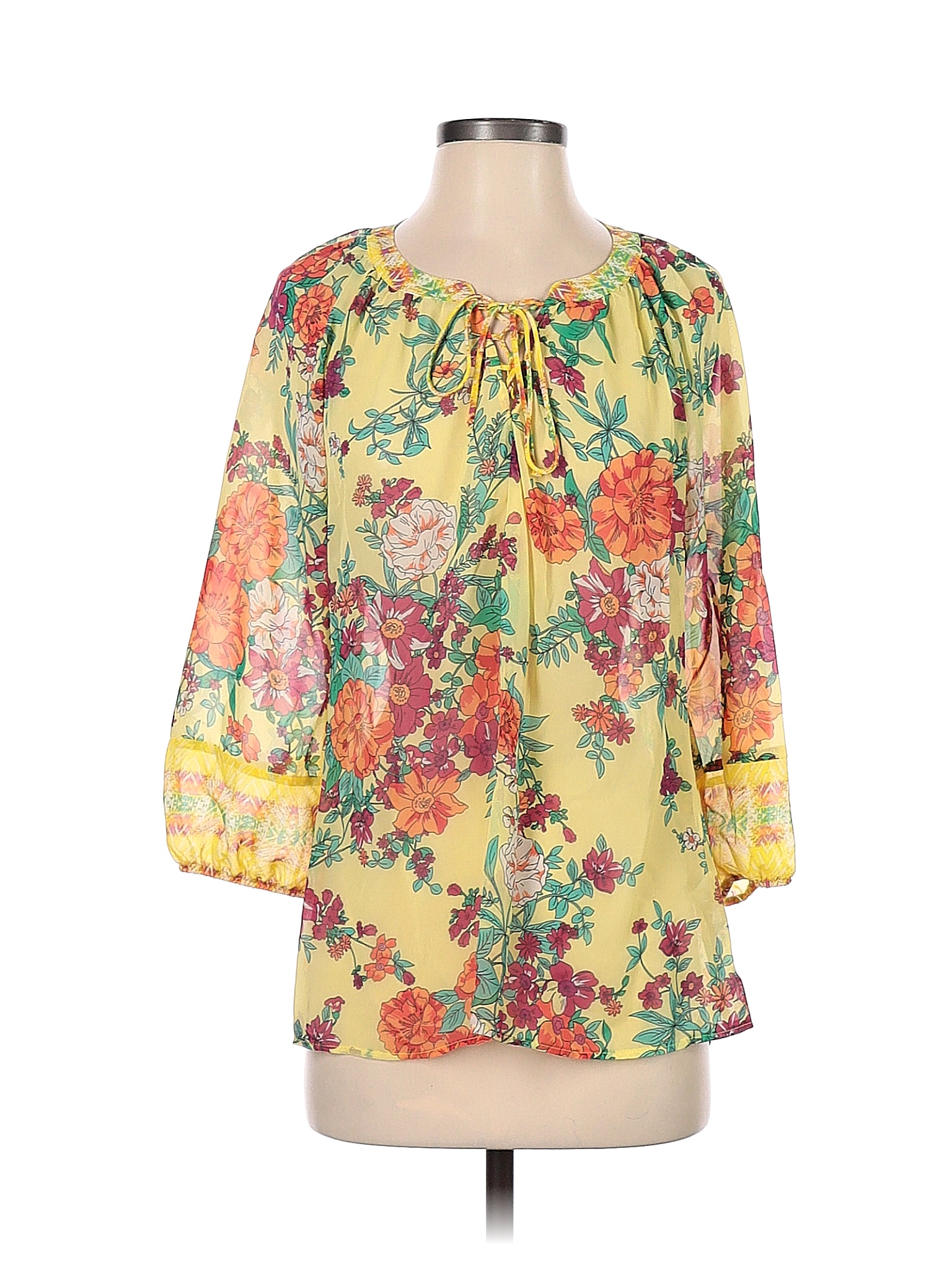 Assorted Brands 100% Polyester Floral Colored Yellow Long Sleeve Blouse ...