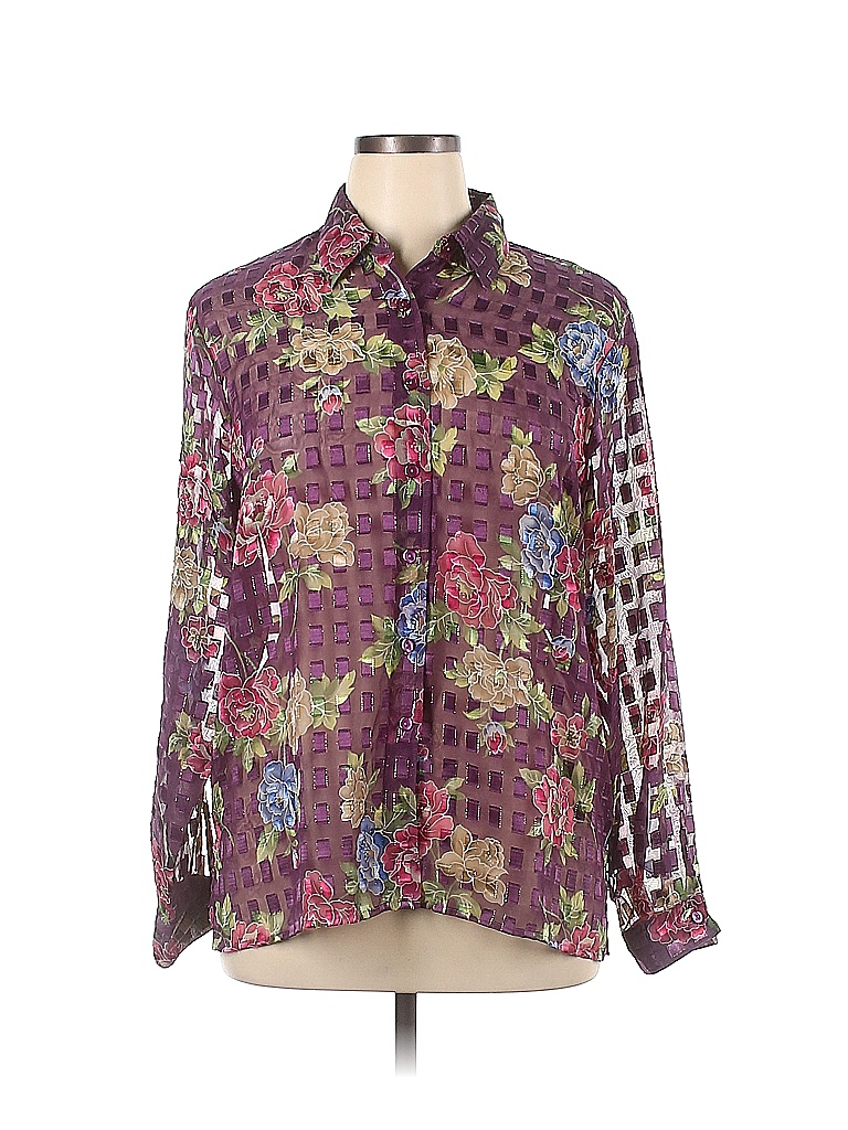 BonWorth 100% Polyester Floral Colored Purple Long Sleeve Blouse Size L ...