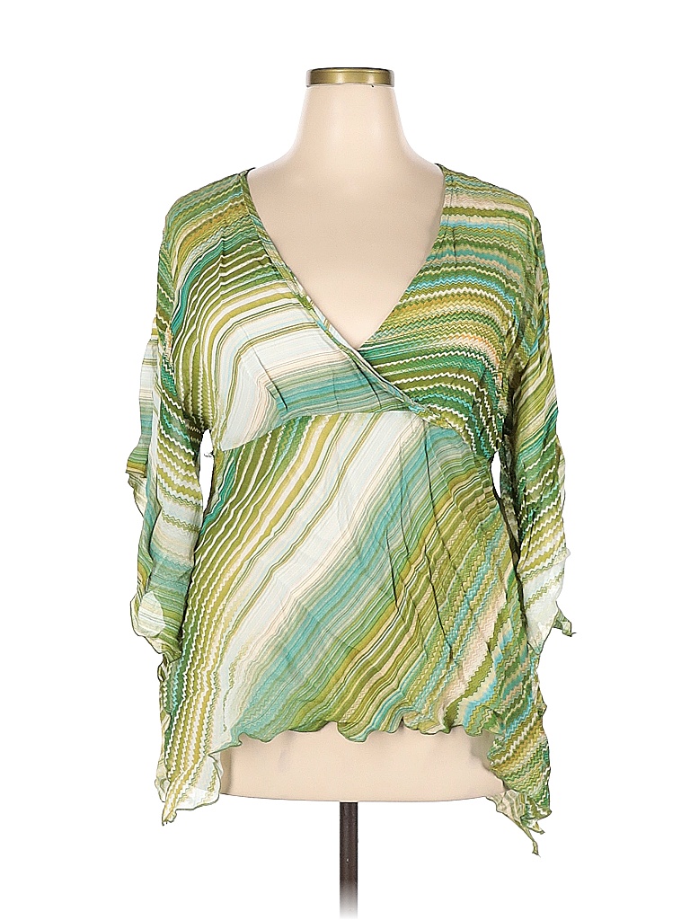 Ashley Stewart 100 Rayon Stripes Colored Green Long Sleeve Blouse Size