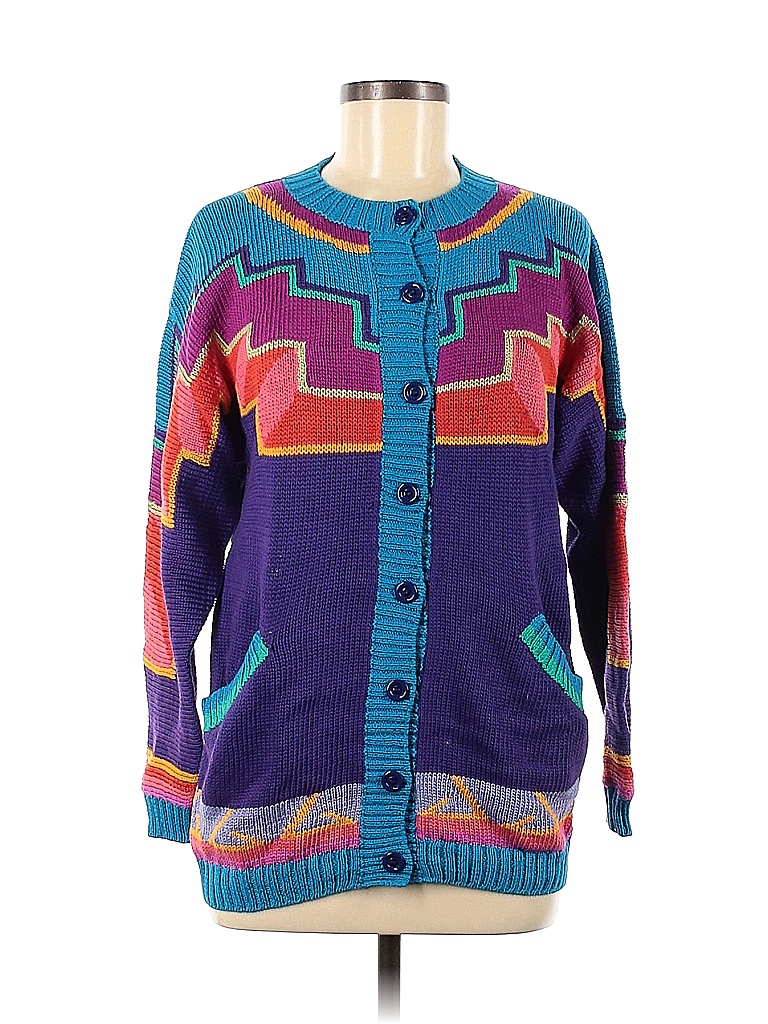 Peruvian Connection 100% Cotton Color Block Purple Blue Cardigan Size M ...