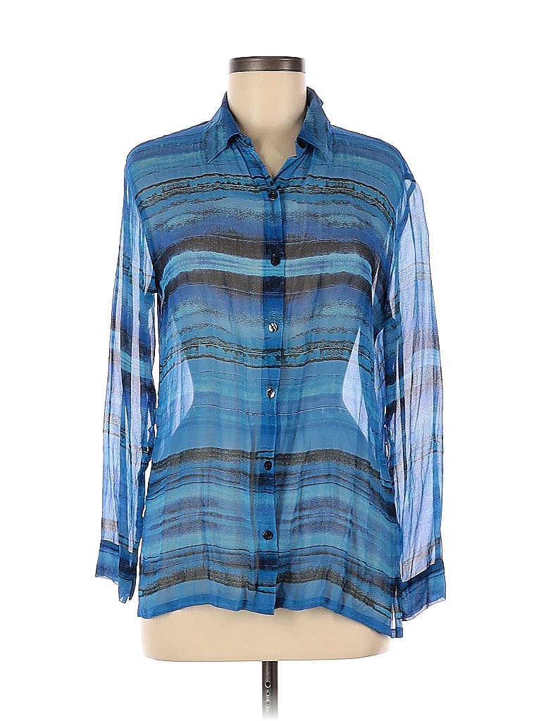 Chico's Design 100% Silk Stripes Colored Blue Long Sleeve Silk Top Size ...